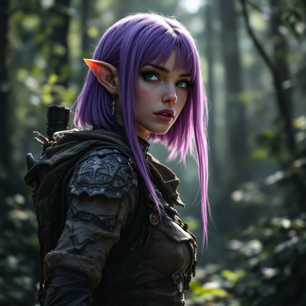 Elf ranger in a mystical post apocalyptic forest aro...