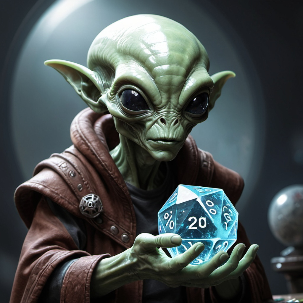 An alien good guy holding a d20