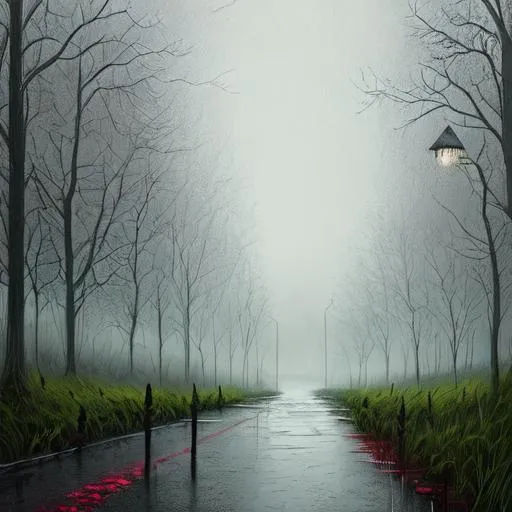 Rainy landscape in spring, horror, digital illustrat...