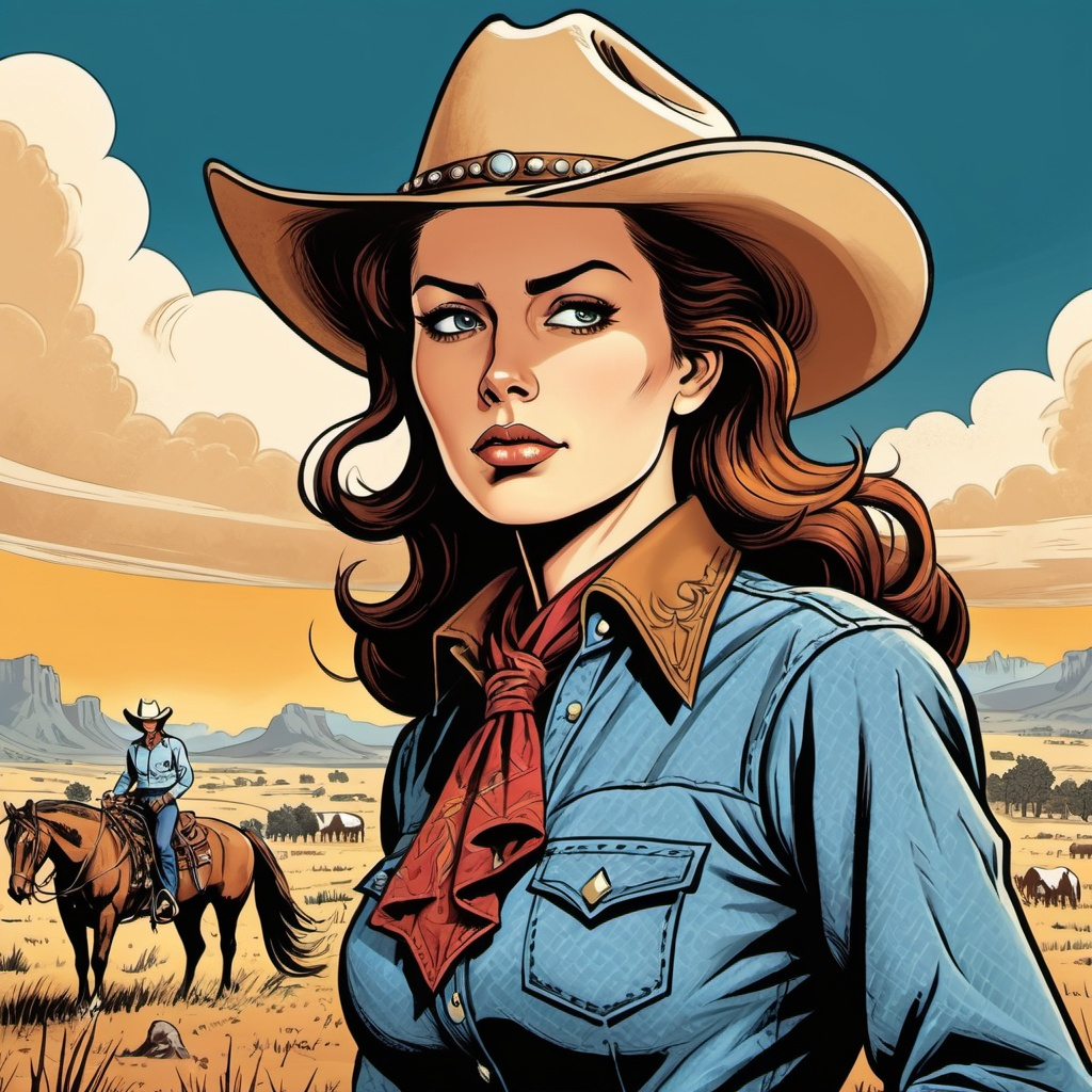 Woman cowboy, landfields, detailed, bright dramatic...