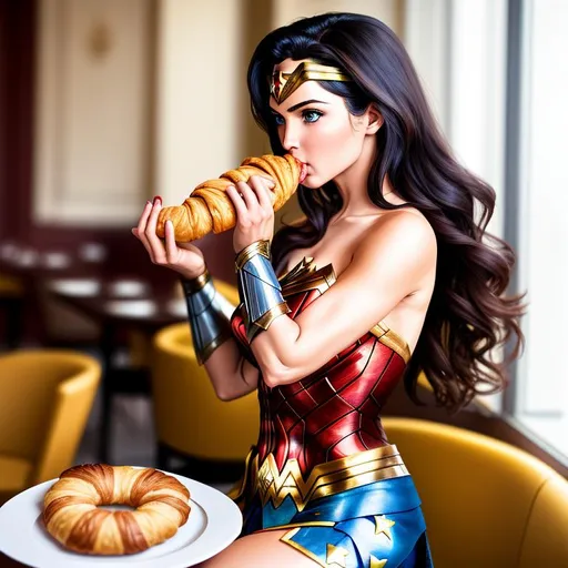 wonder woman eating a delicious croissant