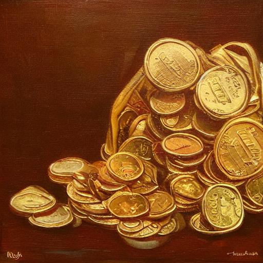 Old style painting, brown sack filled with gold coin...