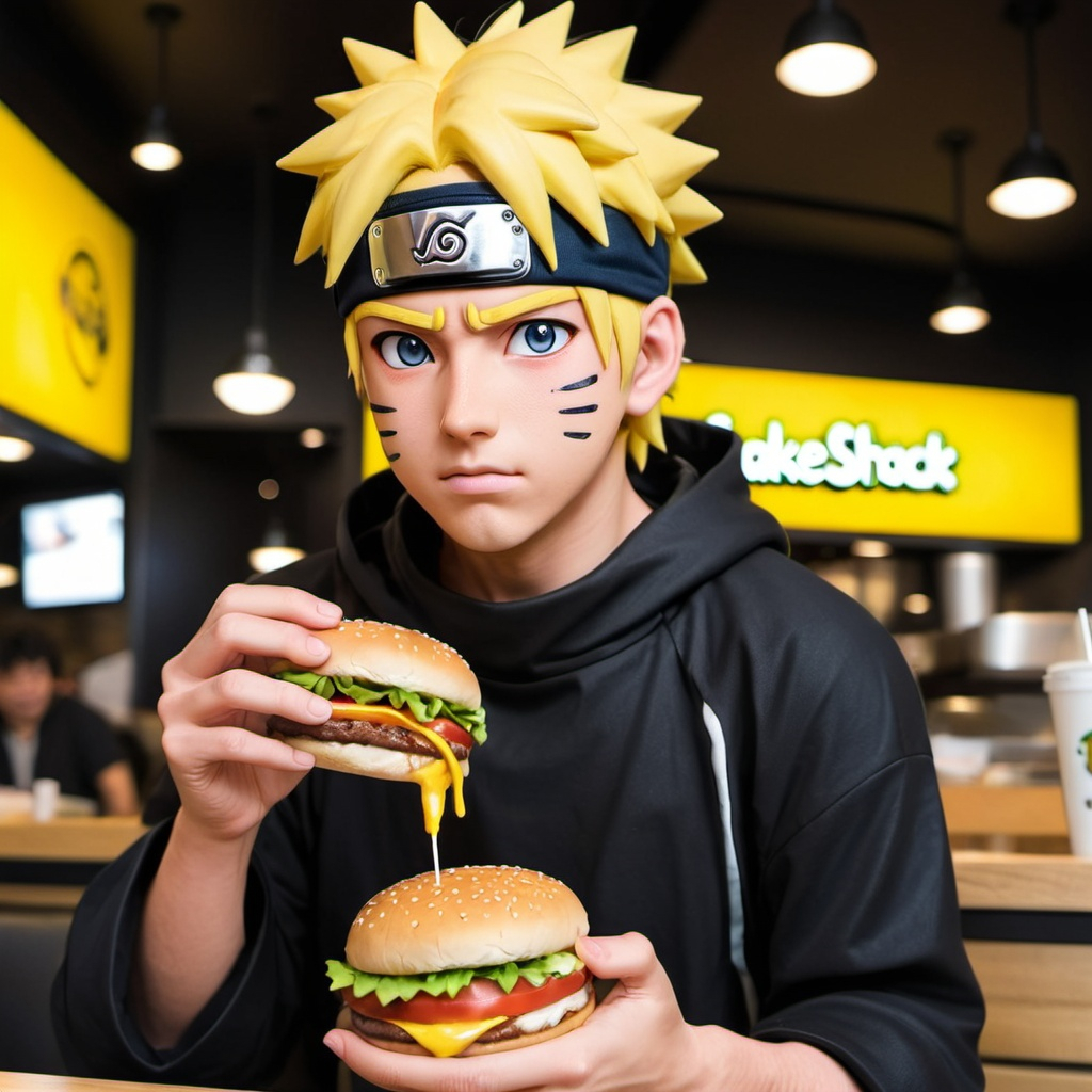 Naruto eating a burger from shake shack