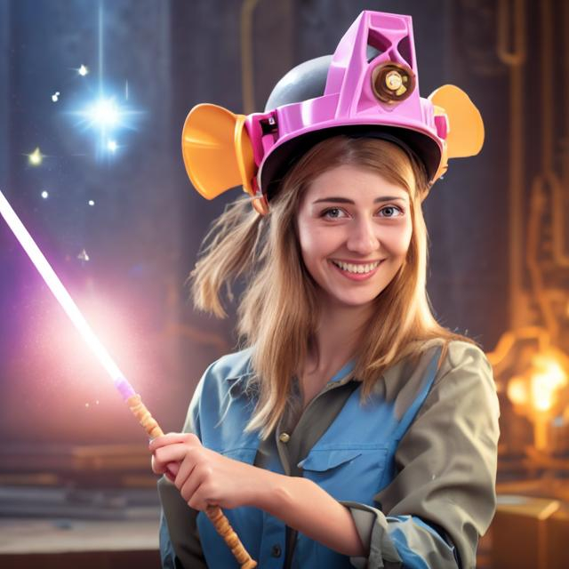 female engineer with funny hat and a magic wand