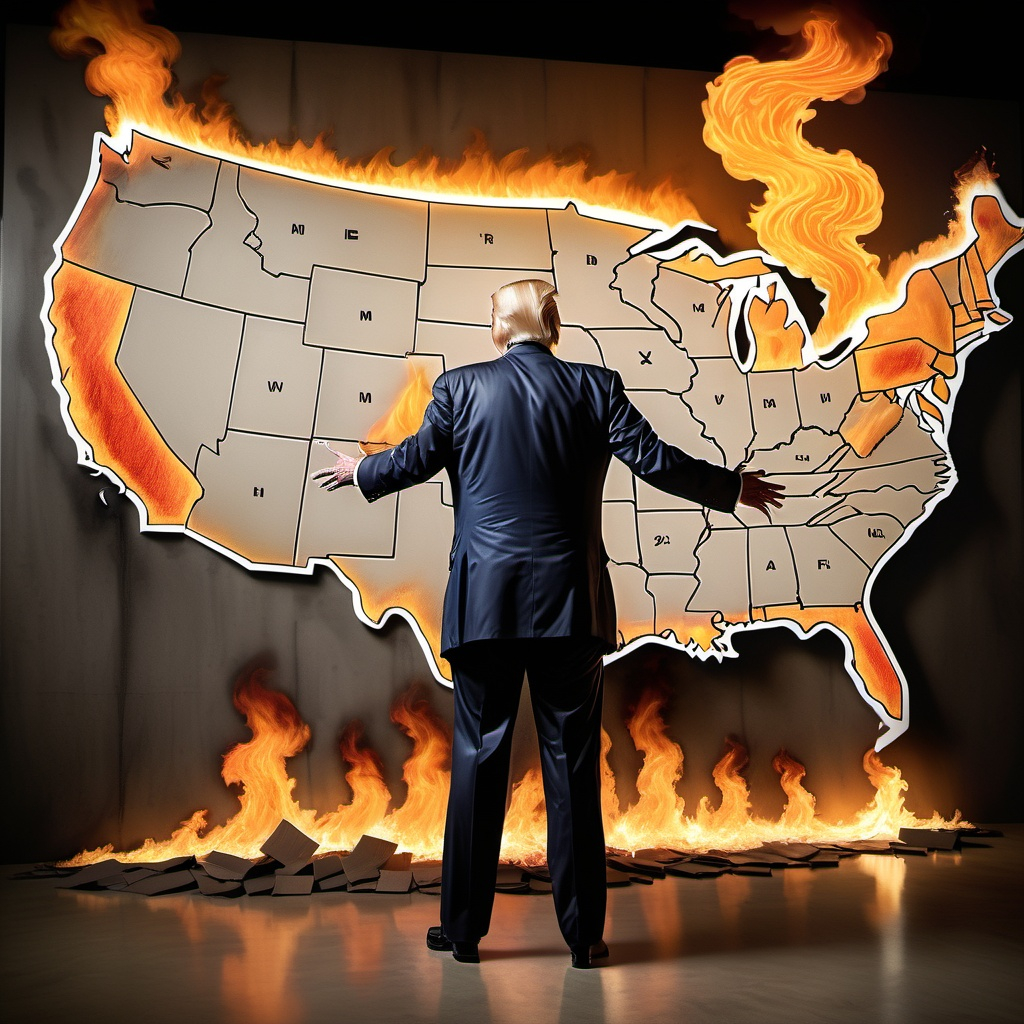Donald Trump setting a large wall map of the United...