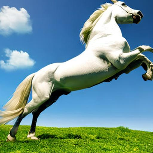 A white powerful horse jumping upward in a green lan... | OpenArt
