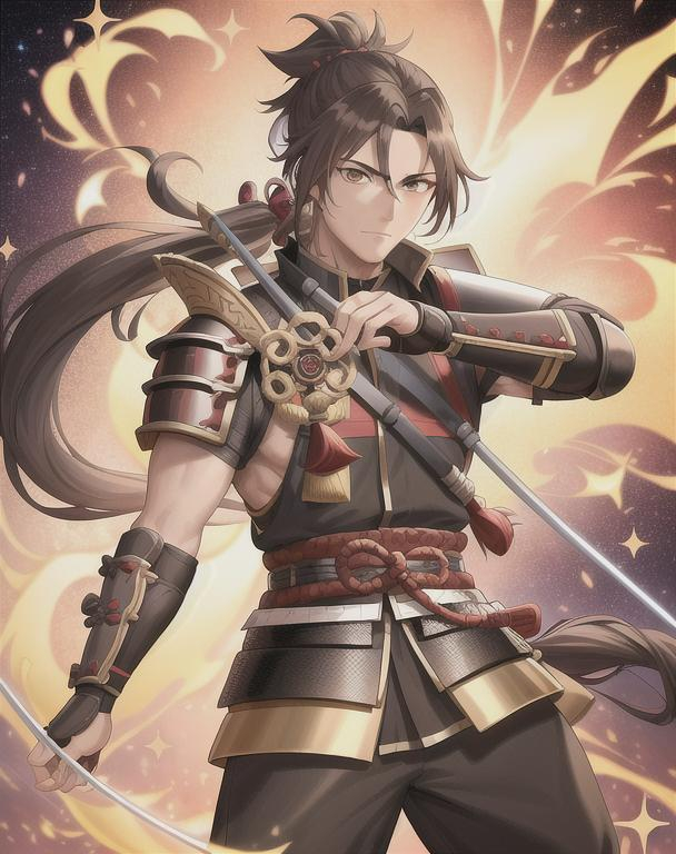 portrait half body of handsome male samurai, clothes...