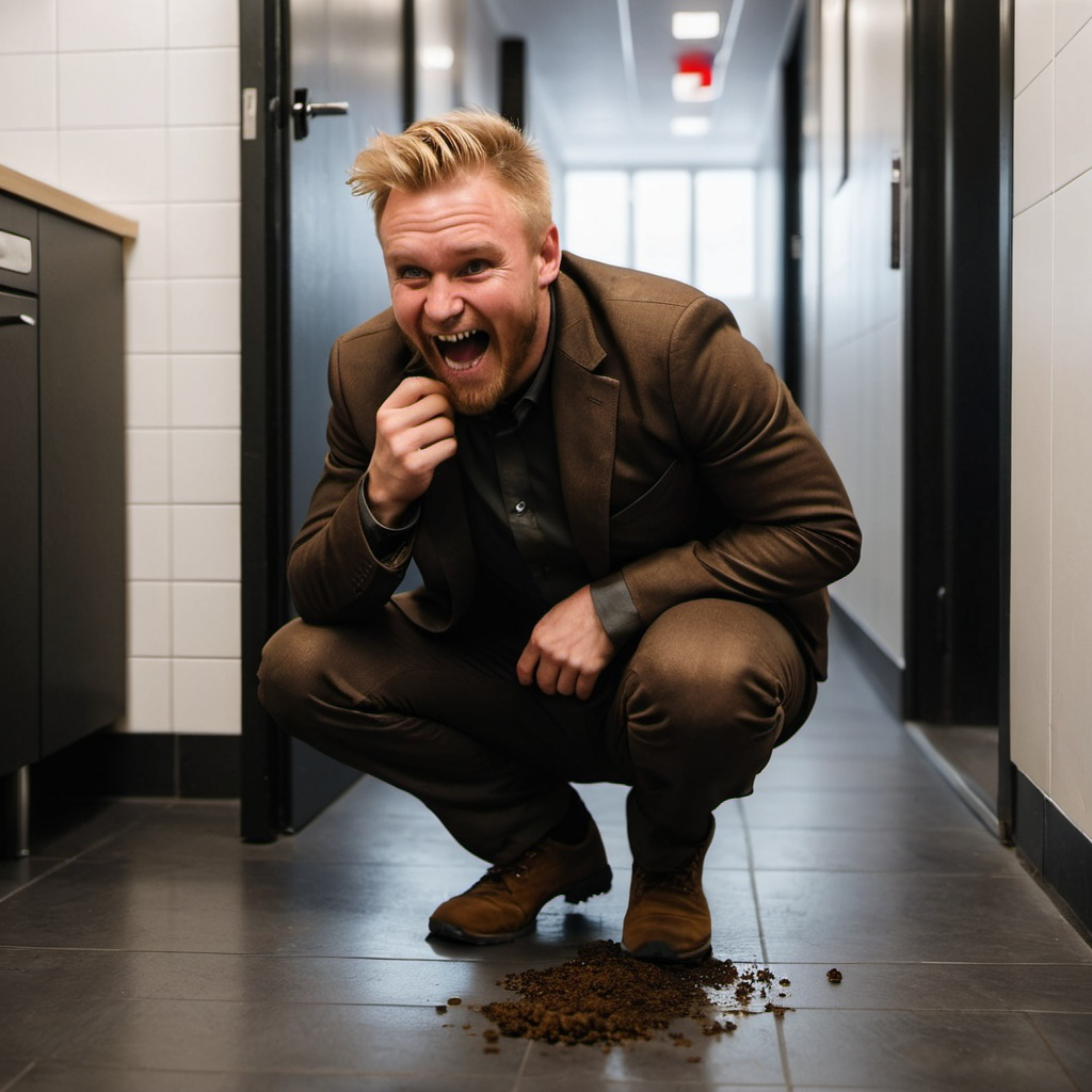 icelandic guy defecating on the floor, squatting, po...