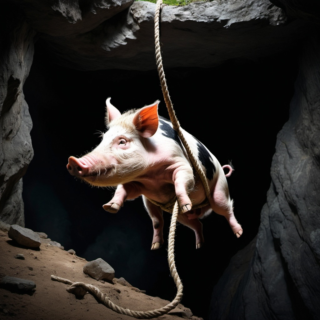 A wild pig falling off a cliff into a dark cave with...