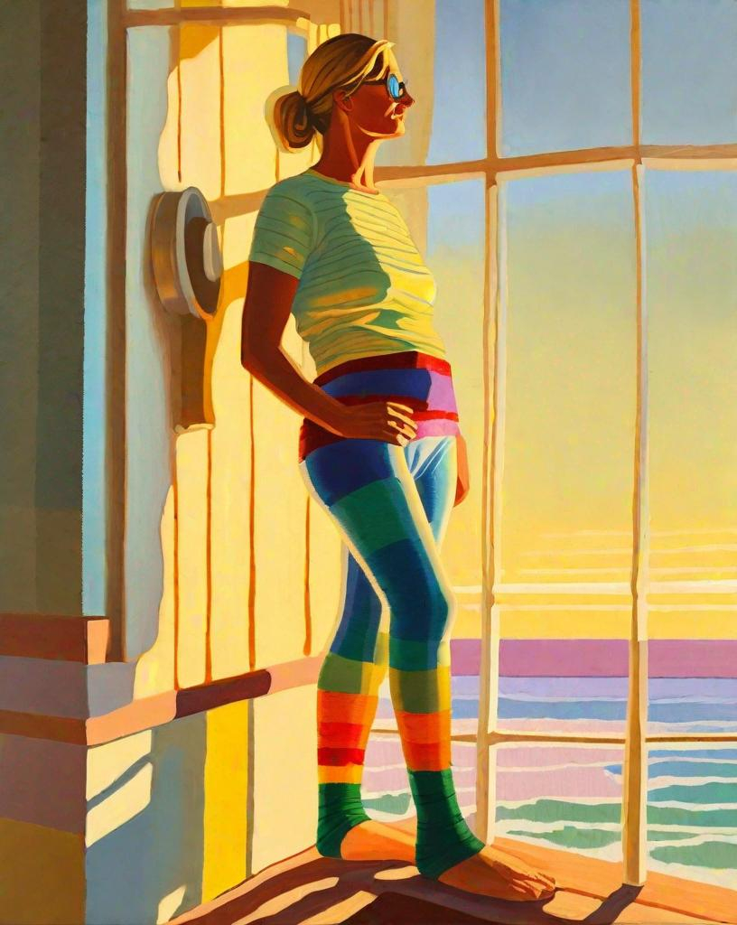 A woman wearing a pair of colorful legwarmers overl...