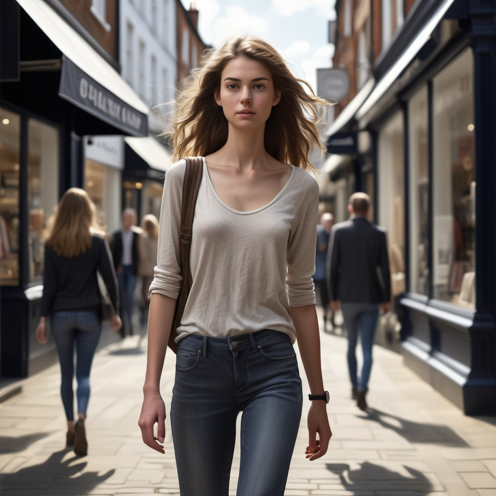 Tall young woman walking down the high street, detai...