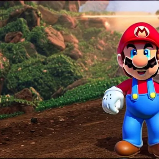 Mario as a farmer, tilling his fields with a hoe | OpenArt