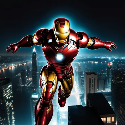 Iron Man flying over a cityscape at night.