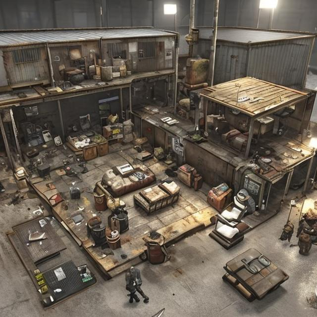 A small base set up in a warehouse in a post apocaly...
