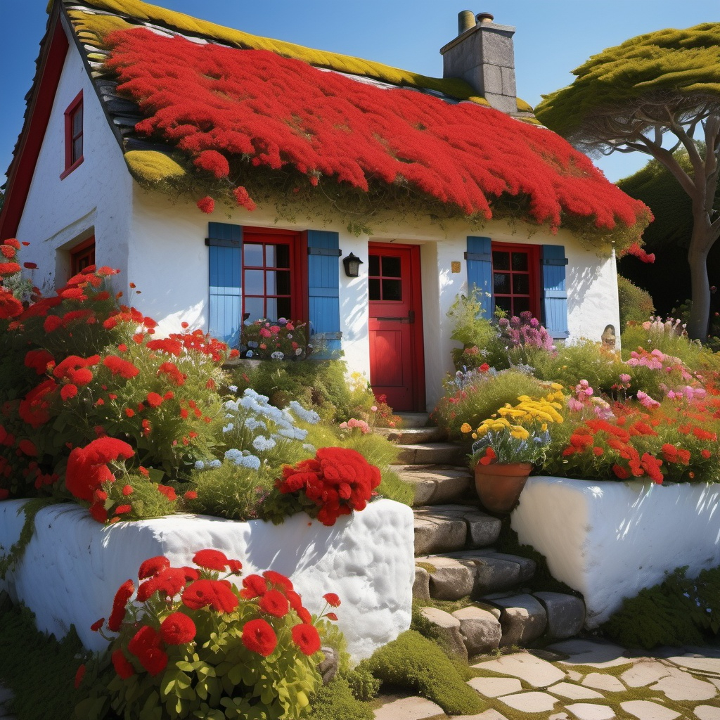 A whitewashed cottage with a garden and a well by th...