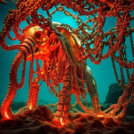 giant golden elephant skeleton made out of chains in...