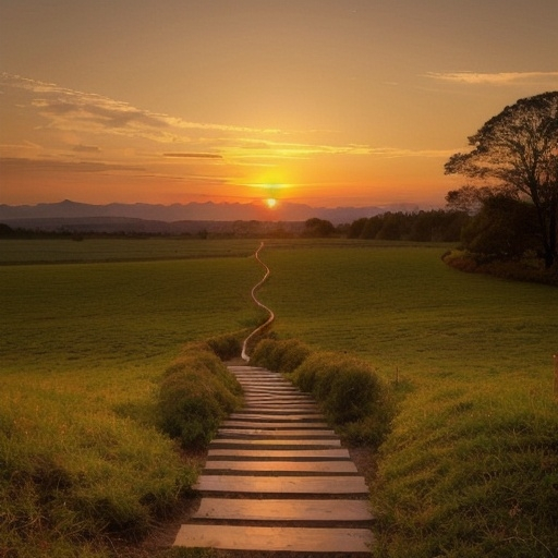 : Sunrise over a peaceful landscape, with a path lea...