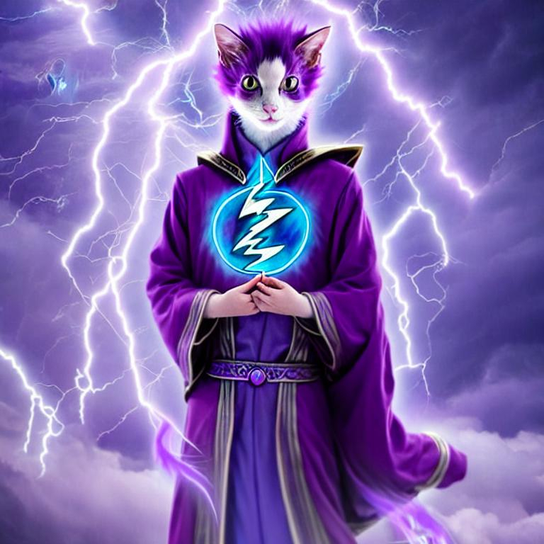 a young, purple-haired cat mage of the storm, holdin... | OpenArt