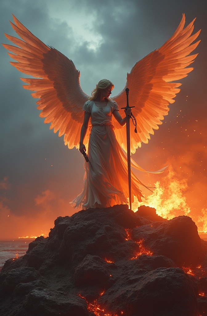 An angel with sword standing on a hill over Hell bur...