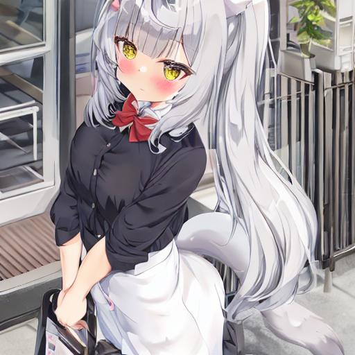 cute waifu cat girl with a two fluffy gray with smal... | OpenArt