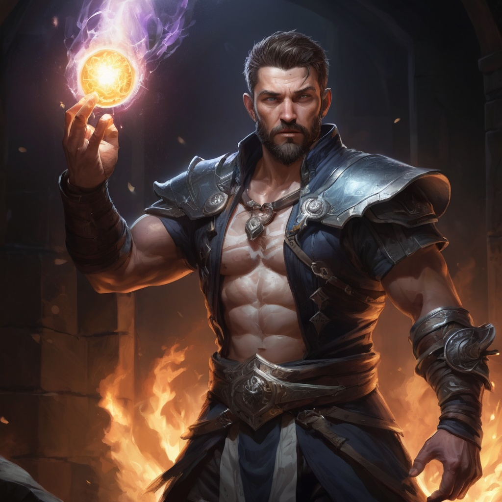 Male stocky large muscular battle-mage with short-cu...