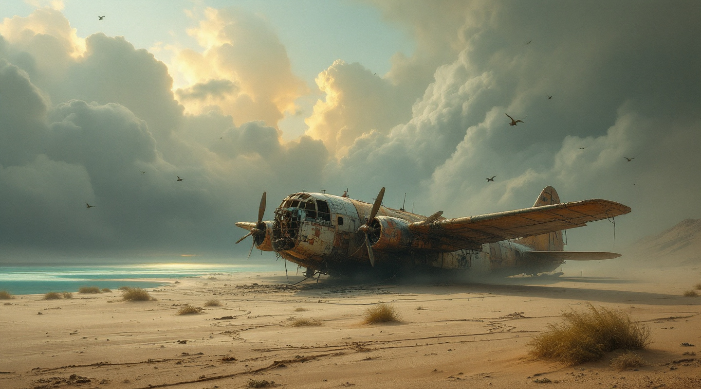 A small, rusted, post-apocalyptic seaplane construct...