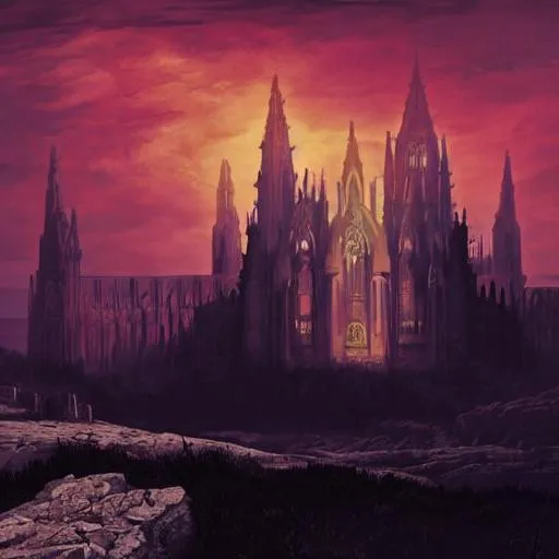 painting of a colossal distant gothic cathedral fort... | OpenArt