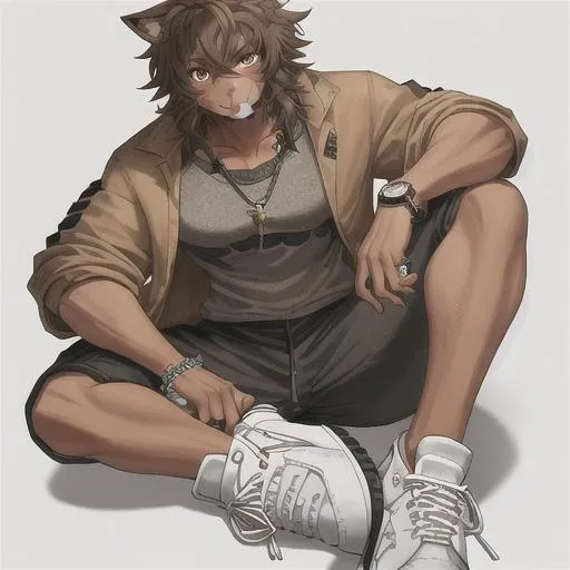 Full body view, fit, Gray, Furry Wolf Boy, sitting o... | OpenArt