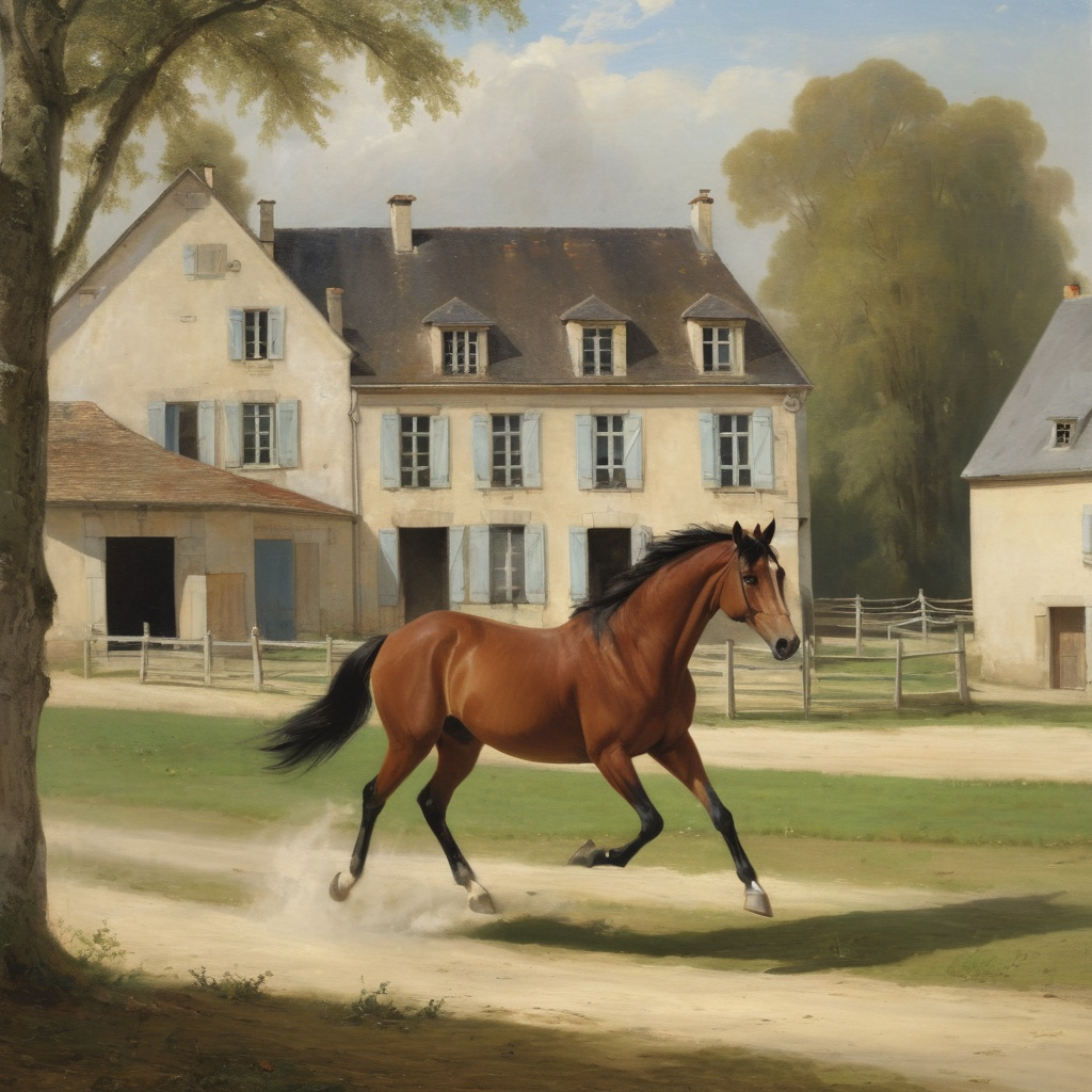 old french horse farm, with a hors running in a padock