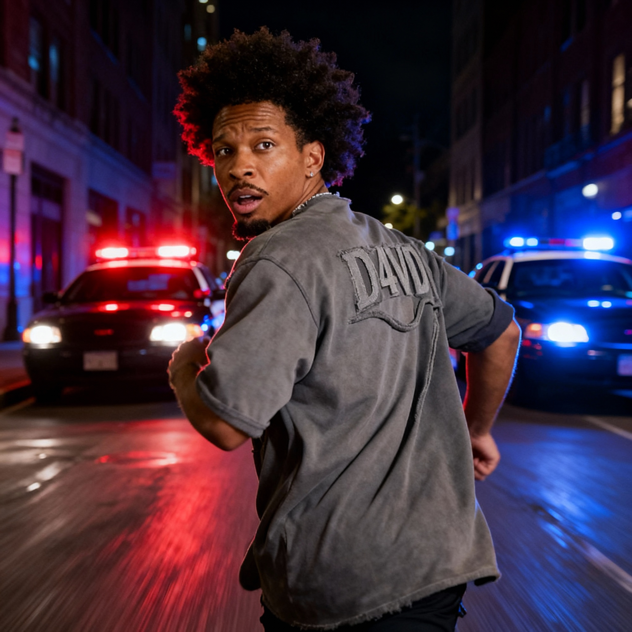 A cinematic photo of a young male singer (D4vd) runn...