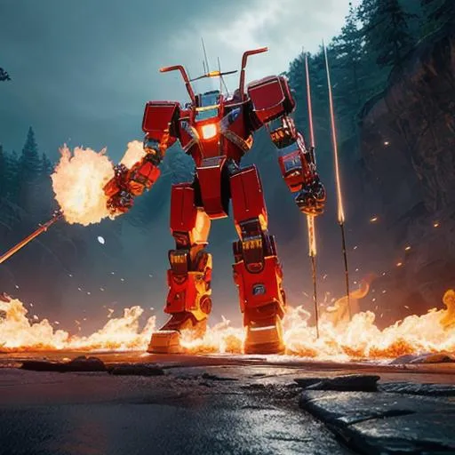 Giant robot with flaming bows and arrows, unreal eng...