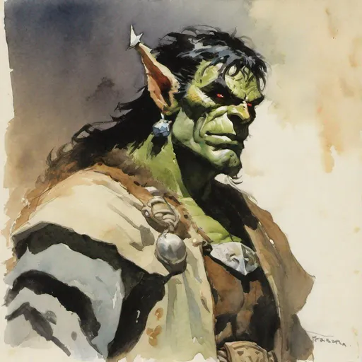 half orc cleric, portrait watercolor by Frank Frazet...