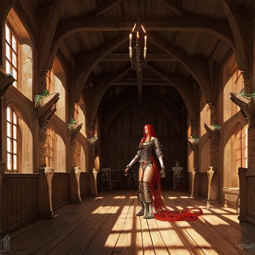 Woman long red braids, inside a Medieval castle hall...