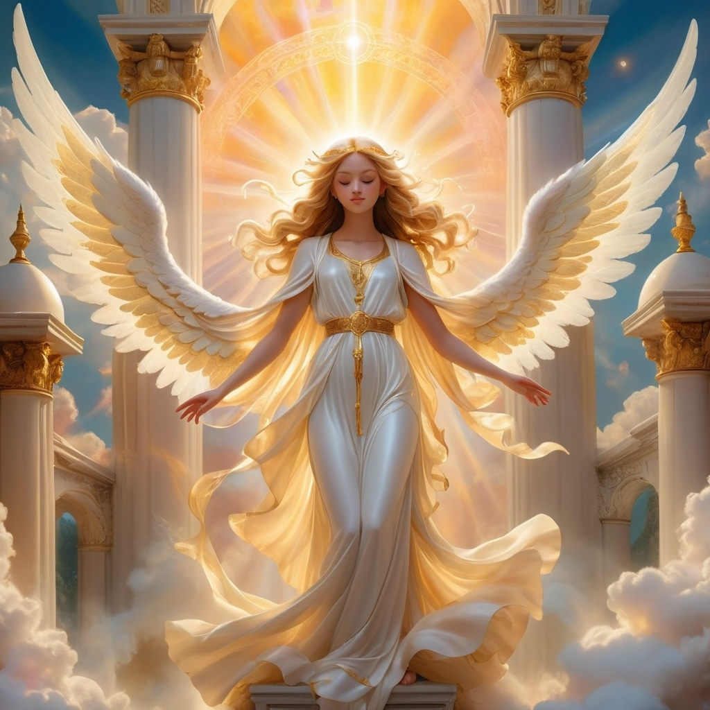 "Giant celestial angels with immense, glowing wings...