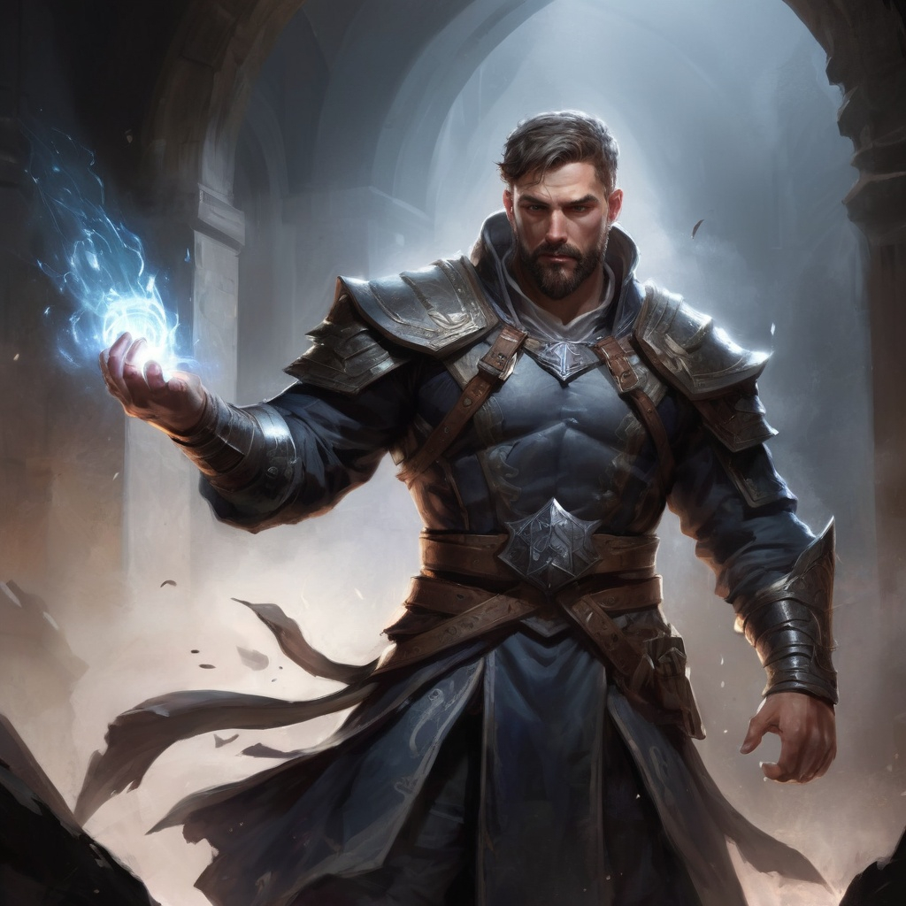 Male stocky large muscular battle-mage with short-cu...