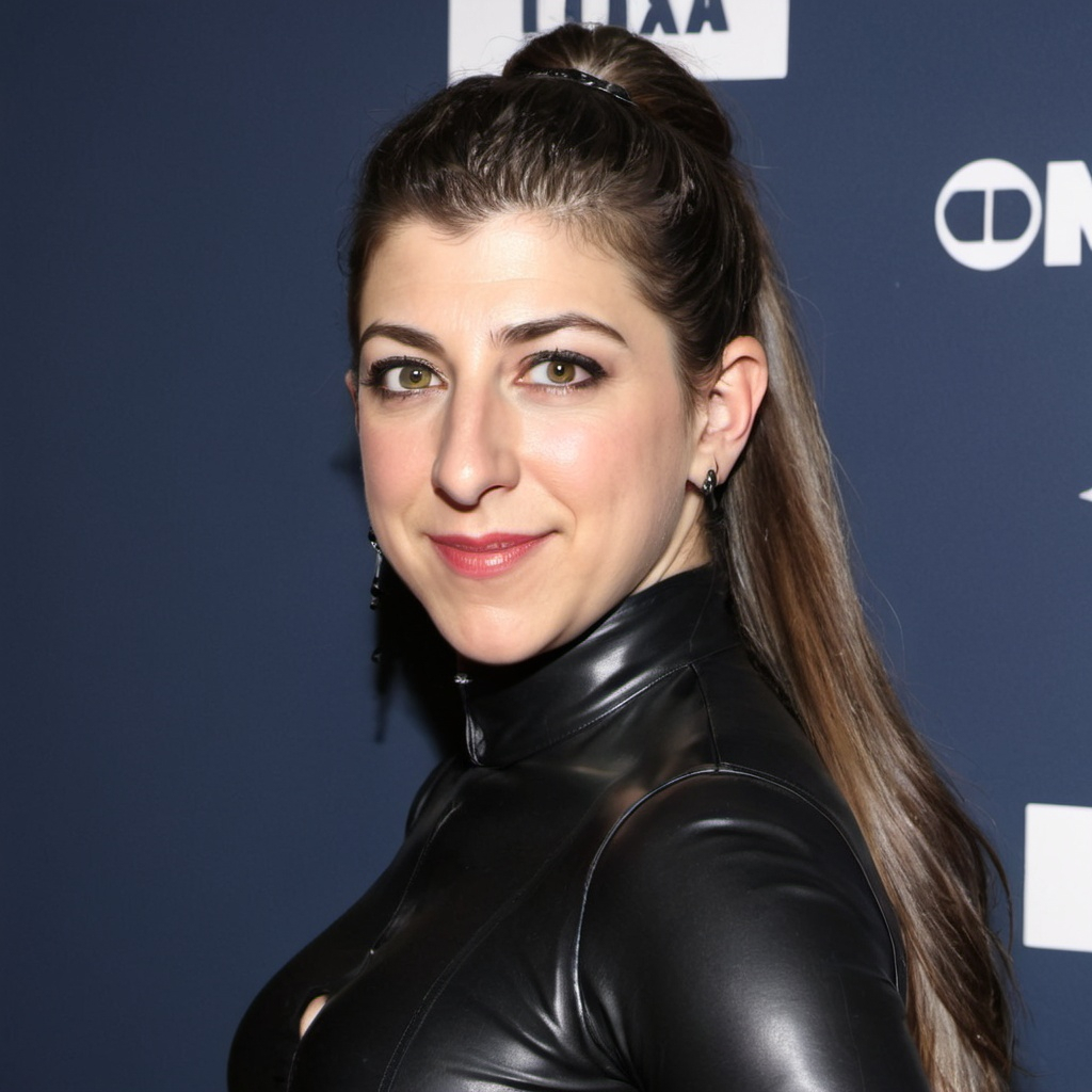 Mayim Bialik dressed as a dominatrix with a high lon...