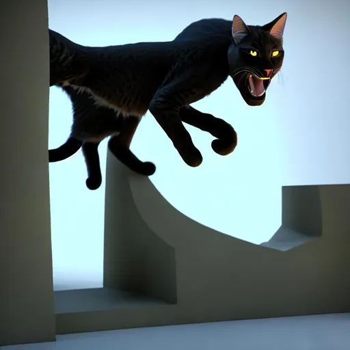 extreme long shot, giant cat eats people, highly det...