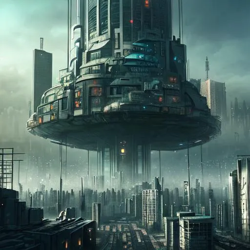 Dystopian city rooftops with giant towers in the dis... | OpenArt