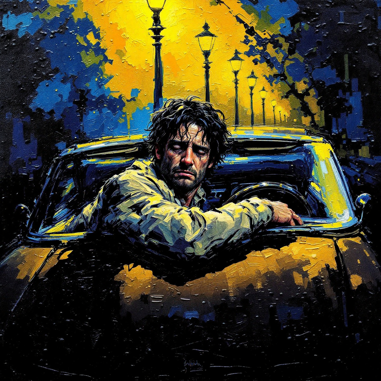 Thick impasto oil painting, sad devastated man slump...