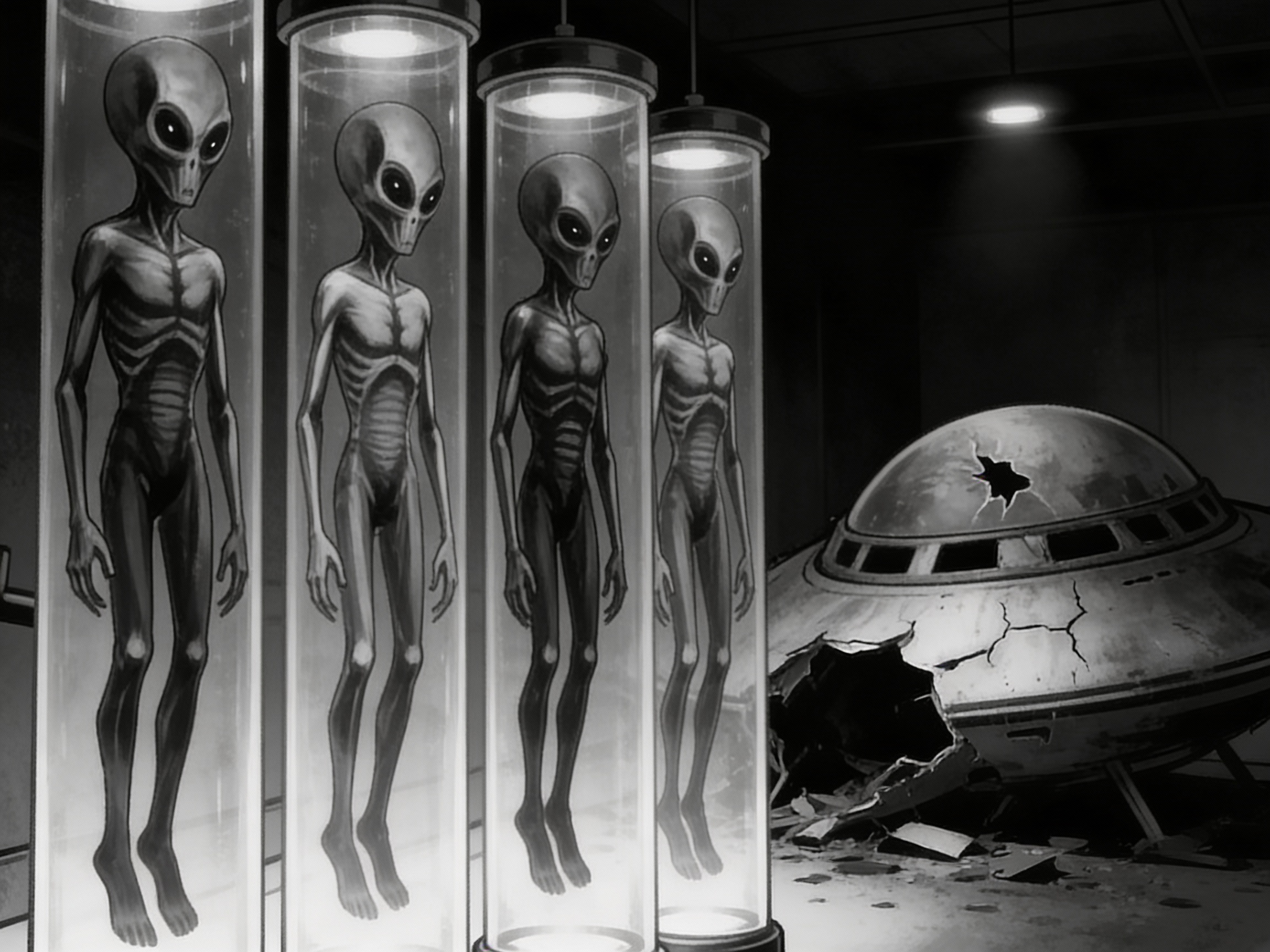 B&W art depicting four dead aliens floating in uprig...