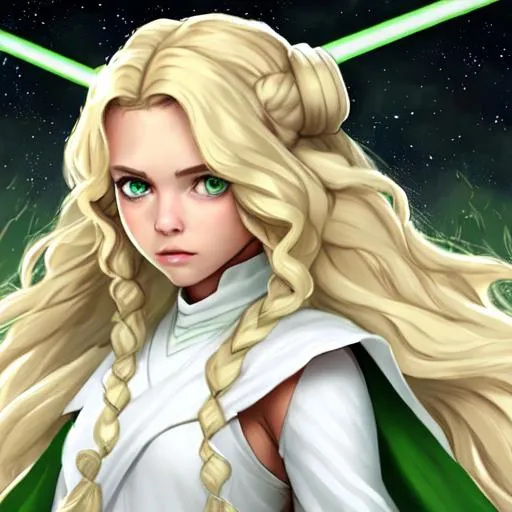 jedi girl with long blonde curly hair,white clothes... | OpenArt