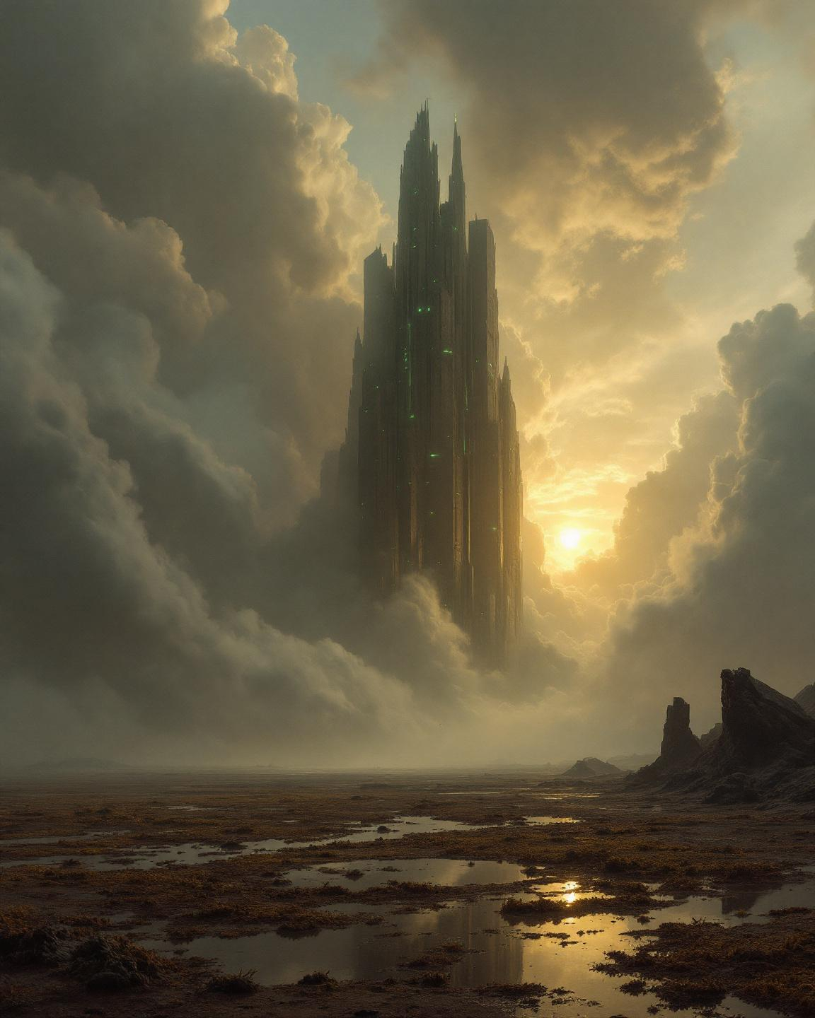 A colossal extraterrestrial, towering, monolithic bu...