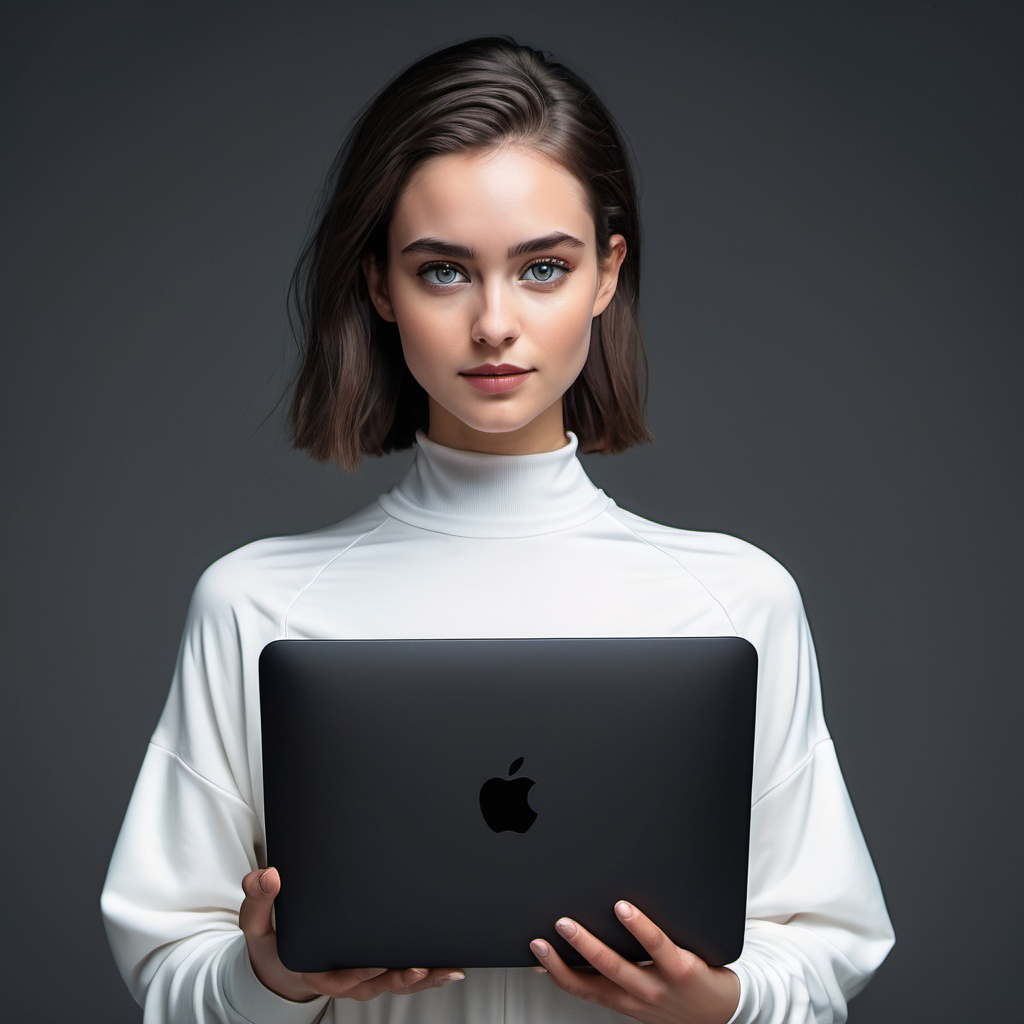 "In this futuristic digital portrait, a young woman,...