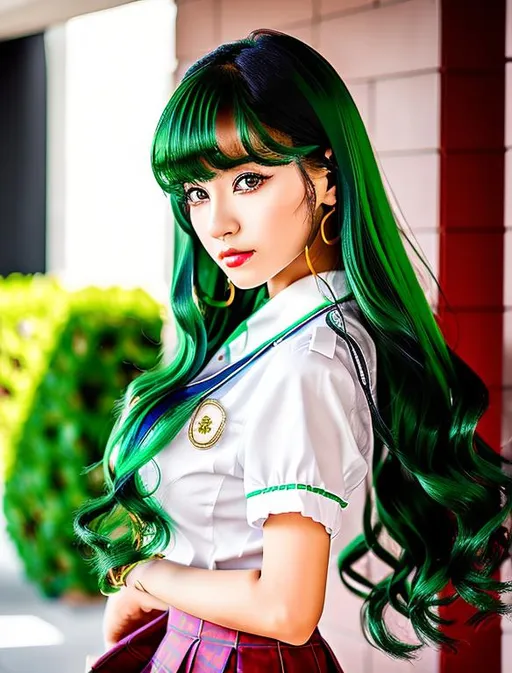 Dall E2 is a young gyaru with dark green hair mixed... | OpenArt