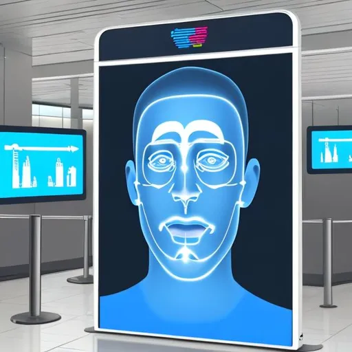 man's face scanning device on smart gate of airport...