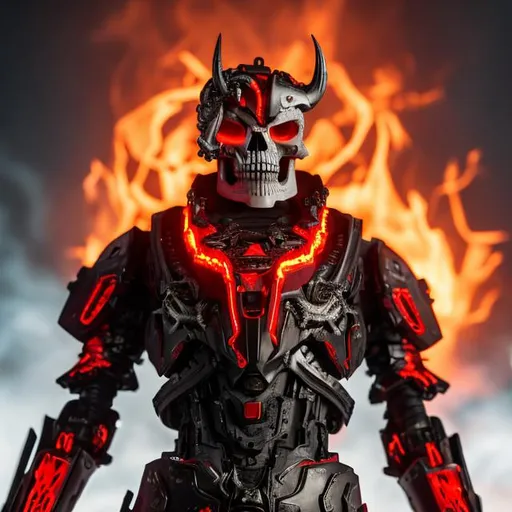 Ferris skull face in red armor, fire, robot claw arm...