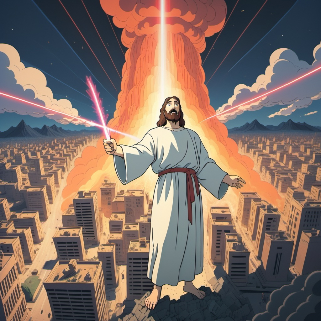Ghibli 2D anime style. 900 ft tall Jesus destroying...