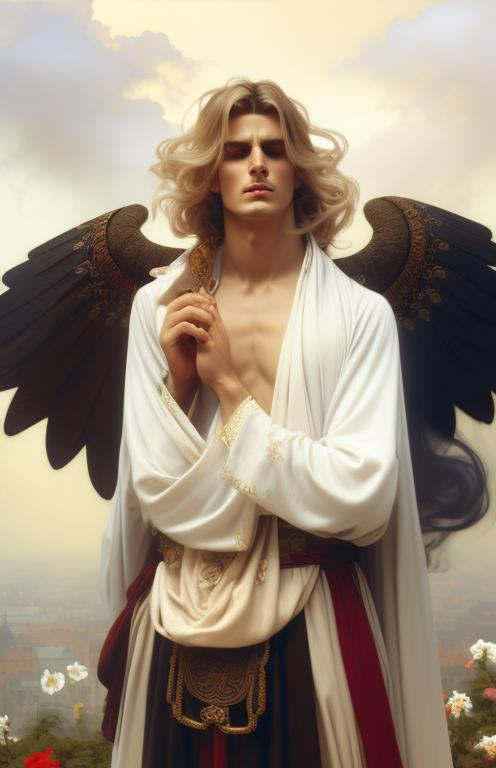 a male man, angel, young, dark-blonde hair, angry lo...