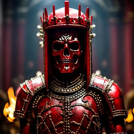 Realistic photo of red skeleton in throne in hd, ult...