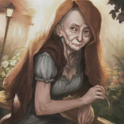 Sketch an old lady that lives in the forest with mus... | OpenArt